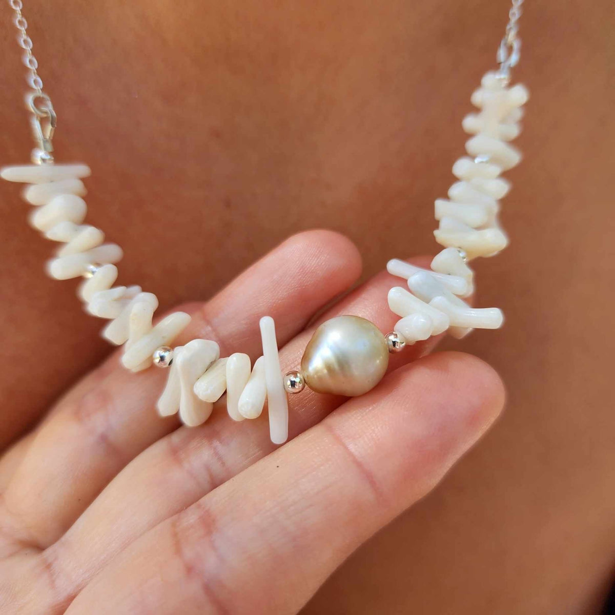 READY TO SHIP Civa Fiji Pearl Coral Necklace - 925 Sterling Silver FJD$
