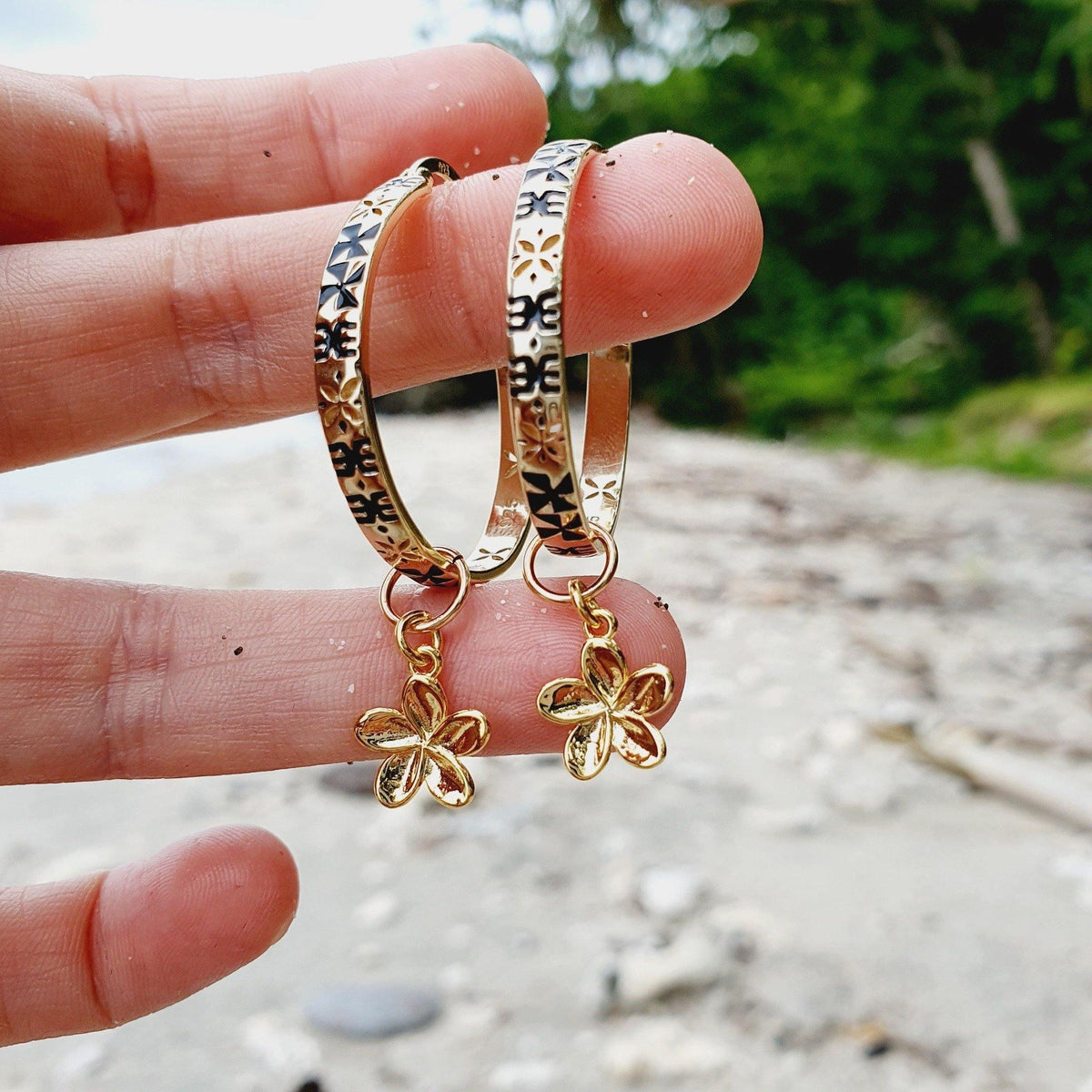 READY TO SHIP Tapa & Flower Hoop Earrings in 18k Gold Vermeil & 9k ...