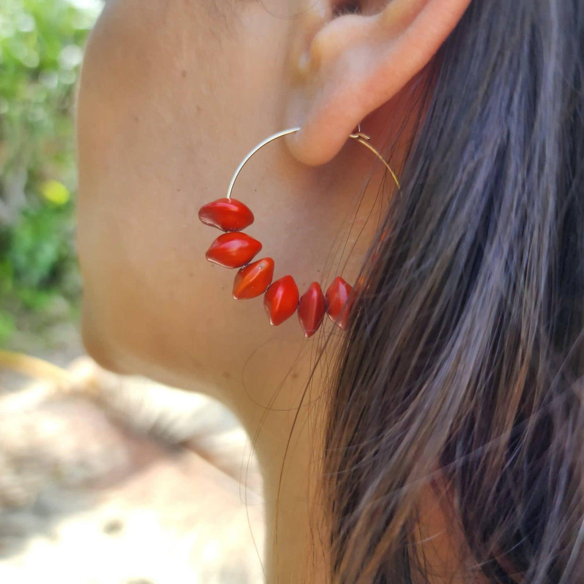 READY TO SHIP Red Seed Hoop Earrings - 14k Gold Fill FJD$
